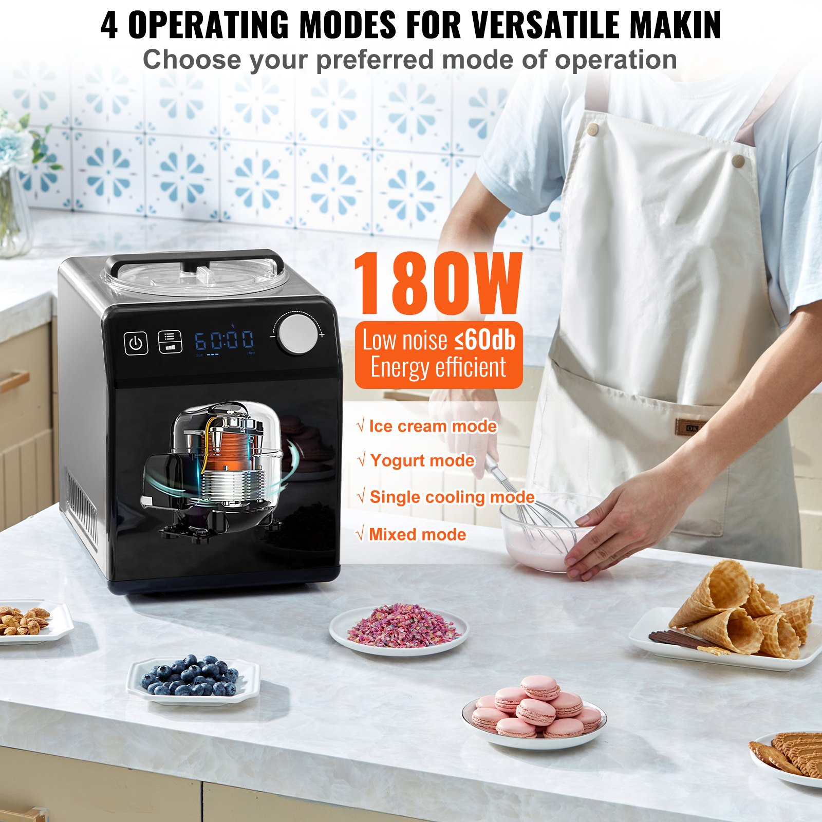 VEVOR Upright Automatic Ice Cream Maker with Built-in Compressor, 2 ...