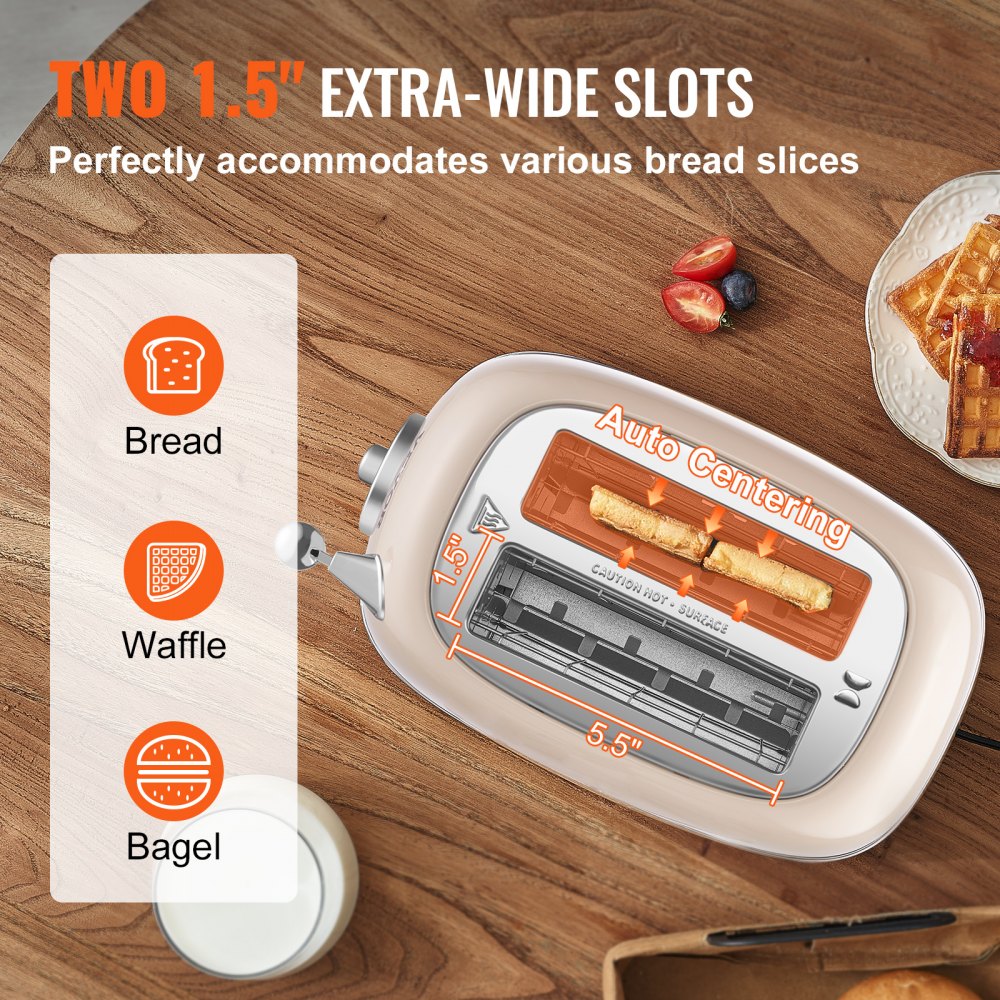 VEVOR Brushed Stainless Steel Toaster, 2 Slice, 825W 1.5'' Extra Wide ...