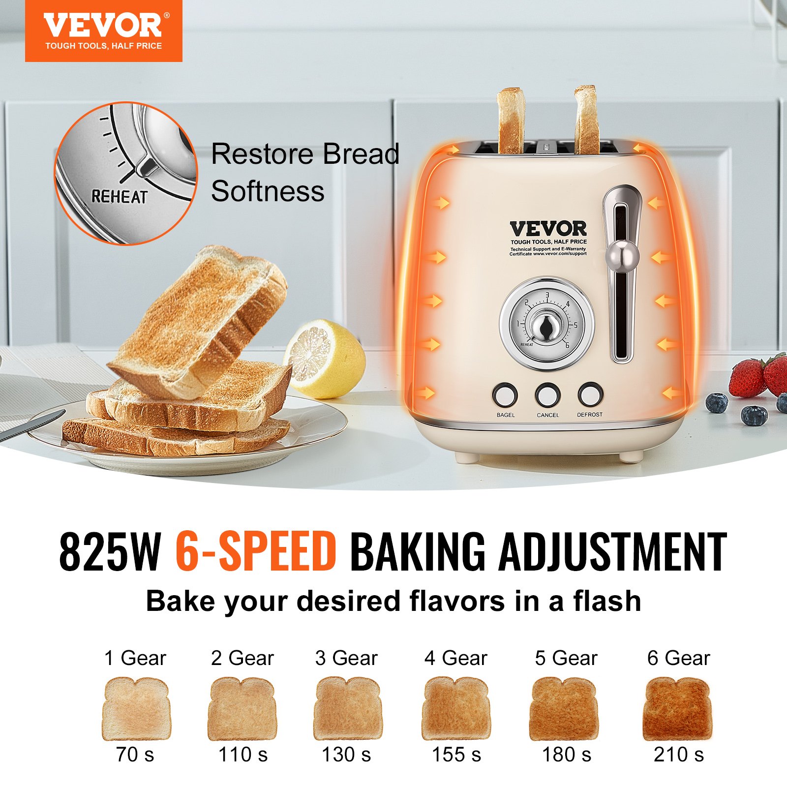VEVOR Brushed Stainless Steel Toaster, 2 Slice, 825W 1.5'' Extra Wide ...