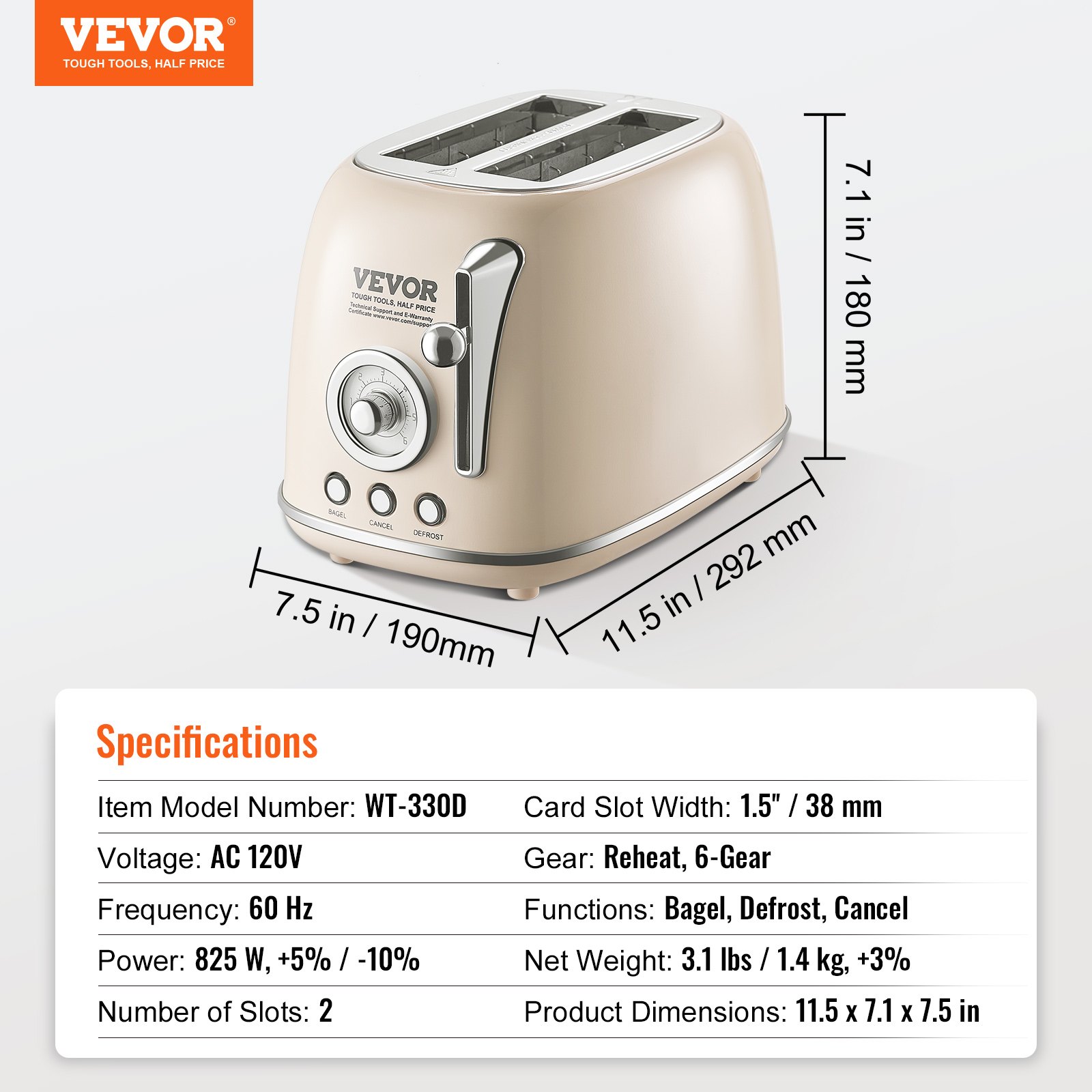 VEVOR Brushed Stainless Steel Toaster, 2 Slice, 825W 1.5'' Extra Wide ...