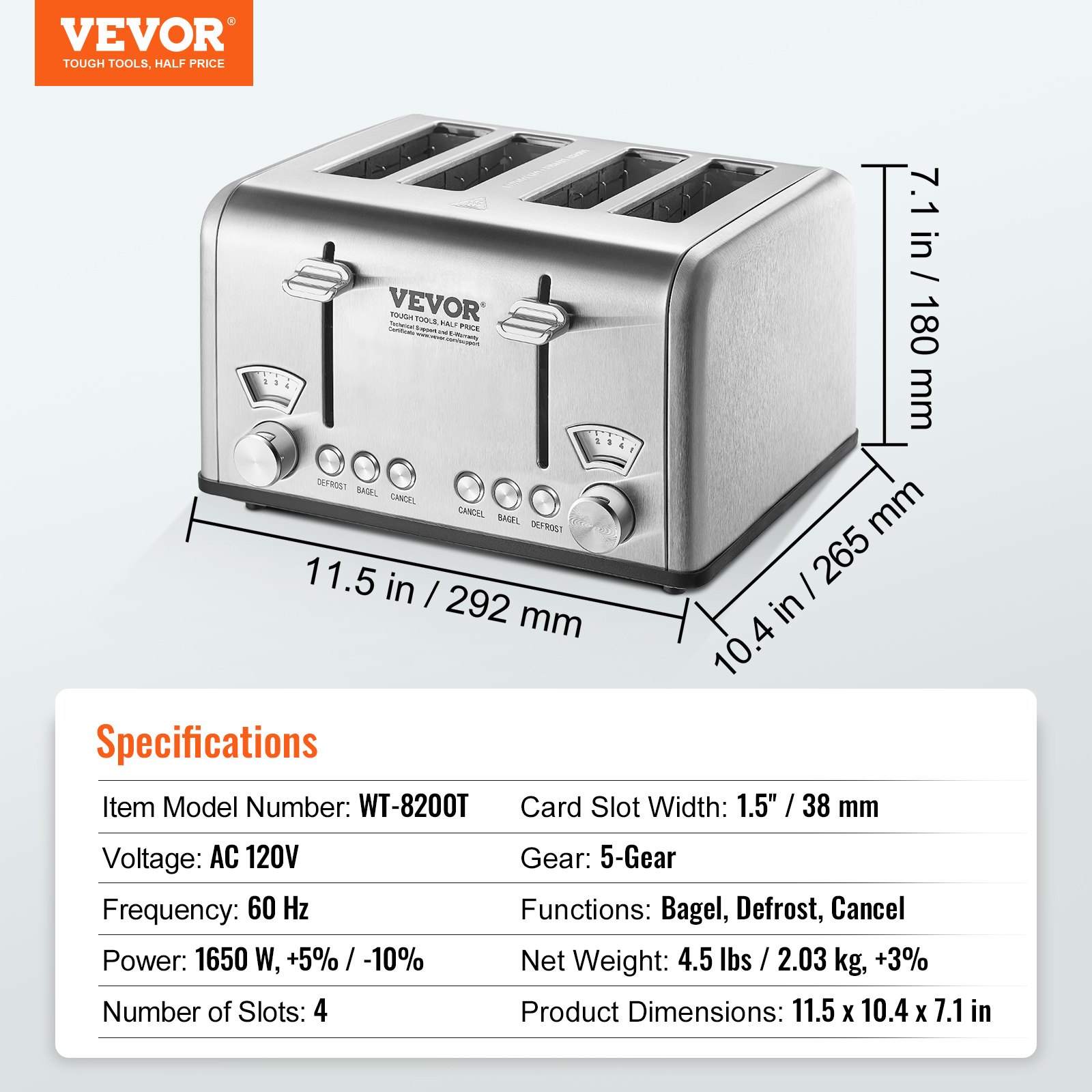 VEVOR Retro Stainless Steel Toaster, 4 Slice, 1625W 1.5'' Extra Wide ...