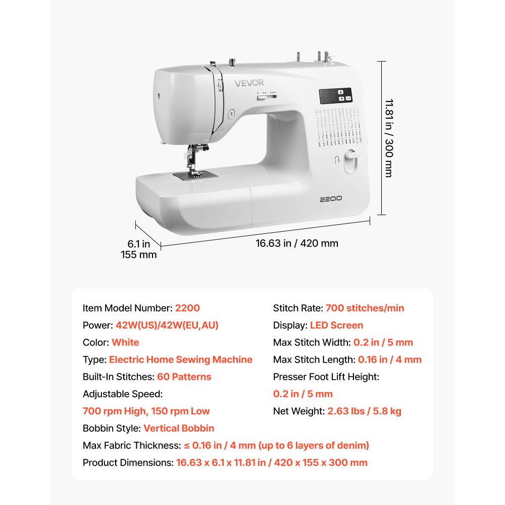 VEVOR Computerized Sewing Machine, 60 Stitch Applications, with LED ...