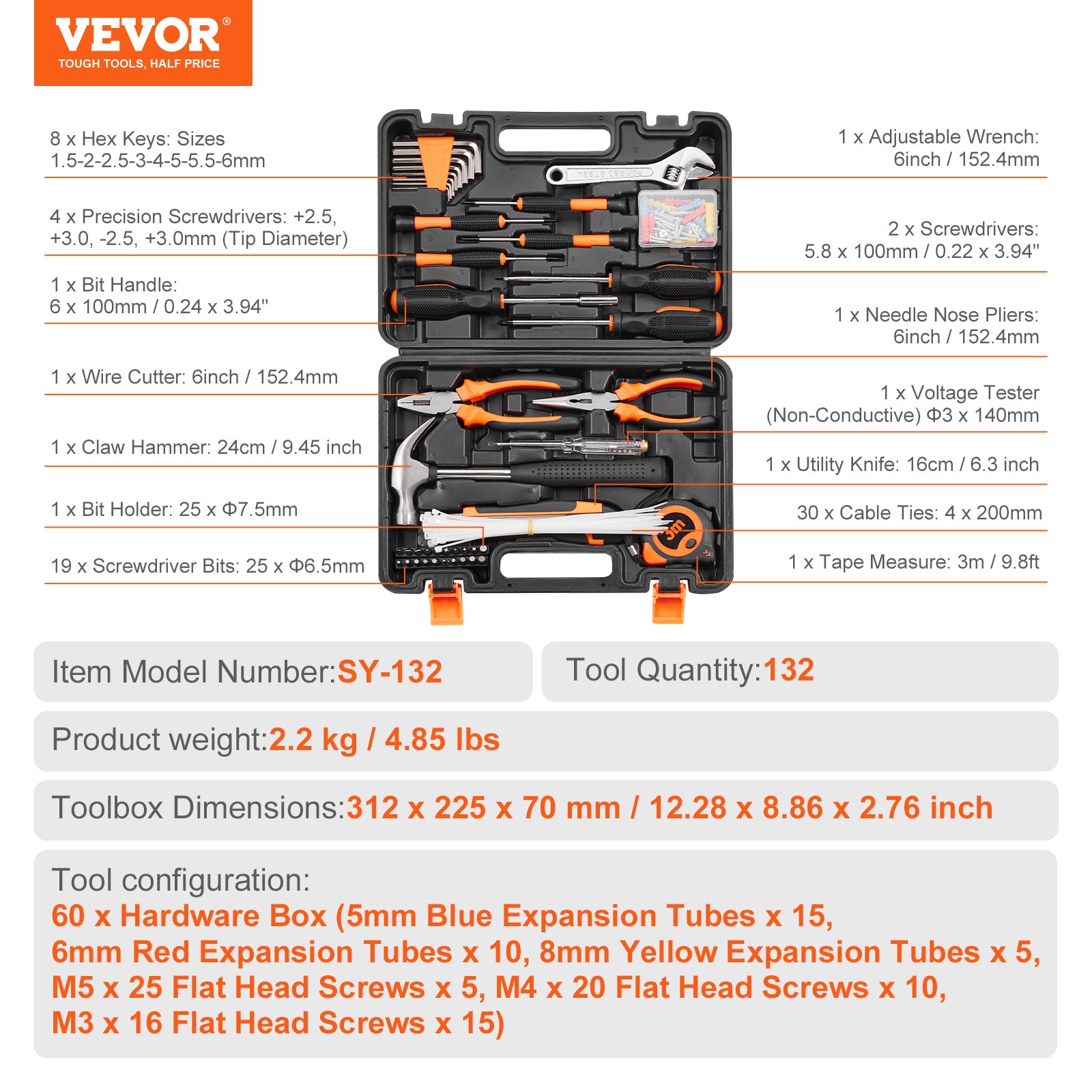 VEVOR Tool Kit 132 Piece General Household Hand Tool Set with Portable ...