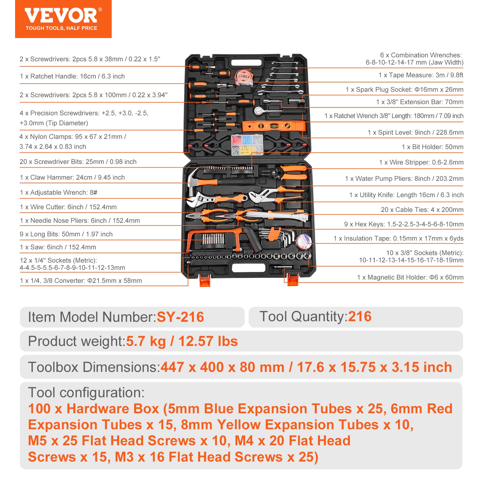 VEVOR Tool Kit, 216 Piece General Household Hand Tool Set, Home ...