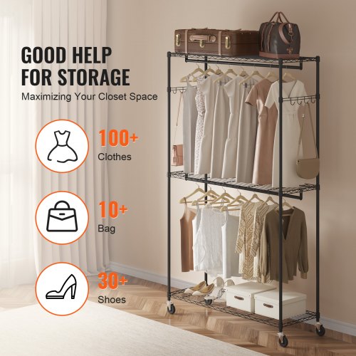 VEVOR Heavy Duty Clothes Rack, Rolling Clothing Garment Rack with 3 ...