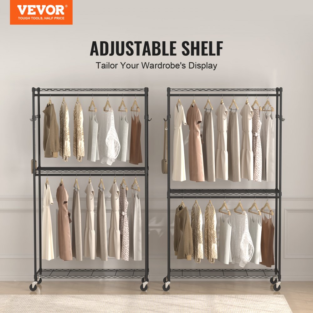 VEVOR Heavy Duty Clothes Rack, Rolling Clothing Garment Rack with 3 ...