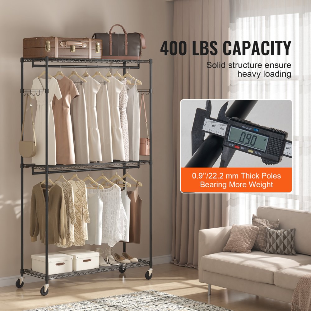 VEVOR Heavy Duty Clothes Rack, Rolling Clothing Garment Rack with 3 ...