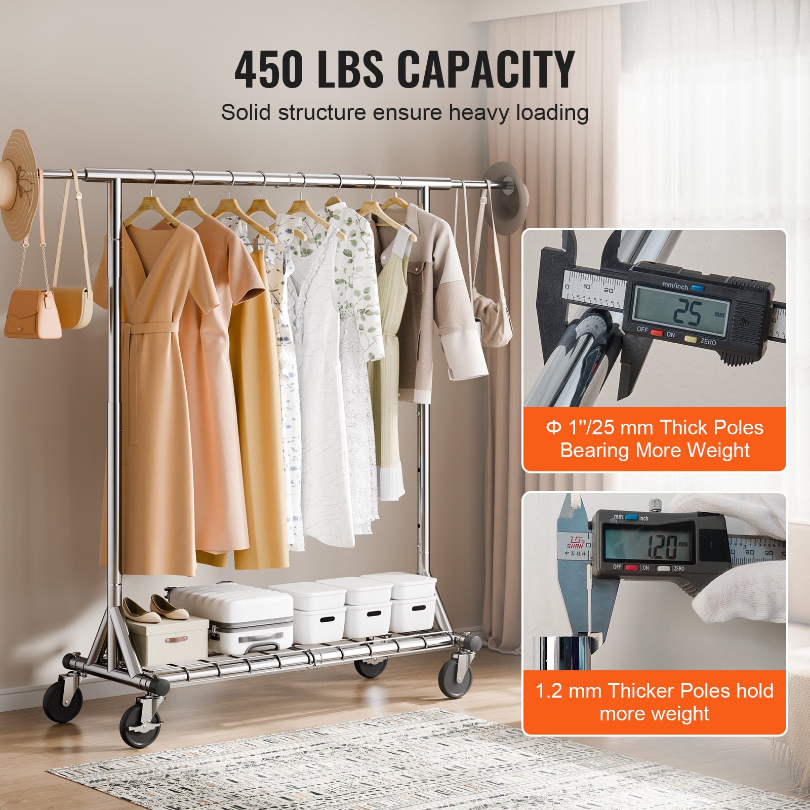 VEVOR Clothes Rack with Wheels, Heavy Duty Clothing Garment Rack ...