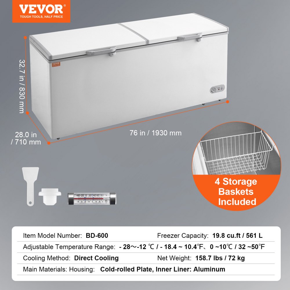 VEVOR Chest Freezer, 19.8 Cu.ft / 561 L Large Deep Freezer with Split ...