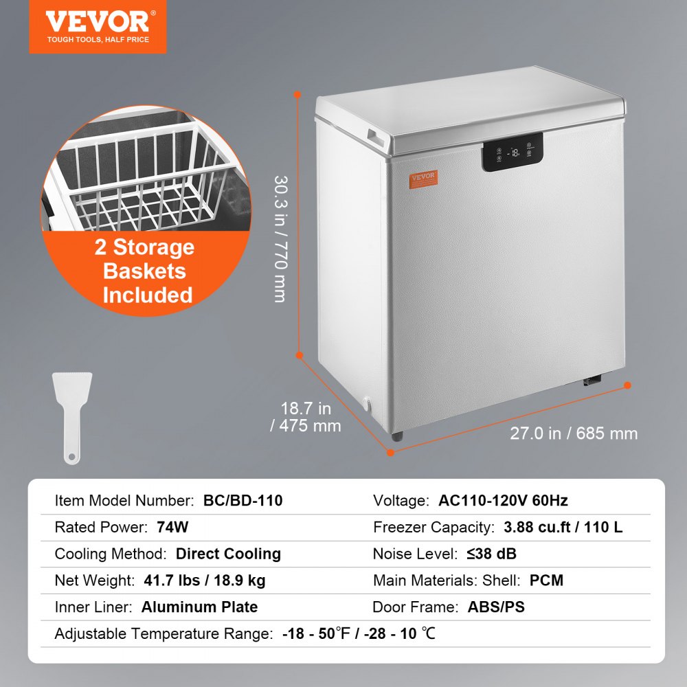 VEVOR Chest Freezer, 3.88 Cu.ft / 110 L Compact Deep Freezer, Free ...