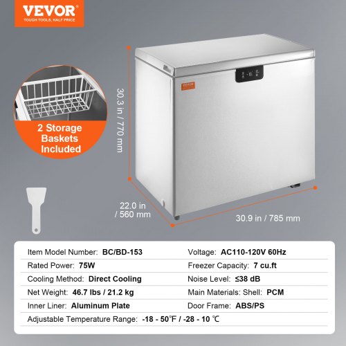 VEVOR Chest Freezer, 7 Cu.ft / 198 L Compact Deep Freezer, Free ...