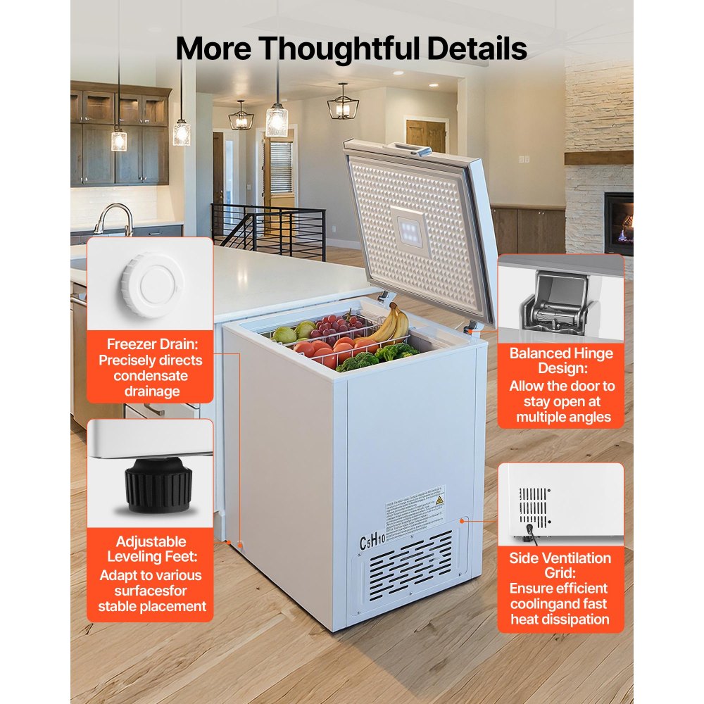 VEVOR Chest Freezer, 5 Cu.ft Compact Deep Freezer, Free Standing Top ...