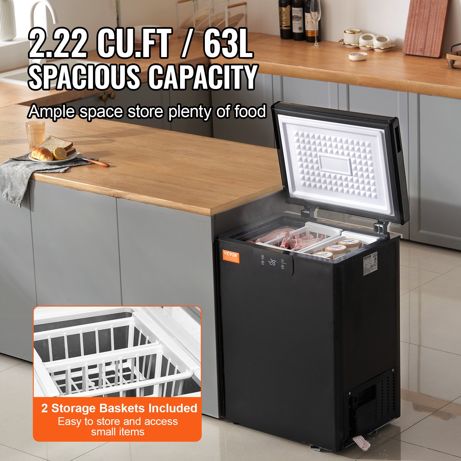 VEVOR Chest Freezer, 2.22 Cu.ft / 63 L Compact Deep Freezer, Free ...