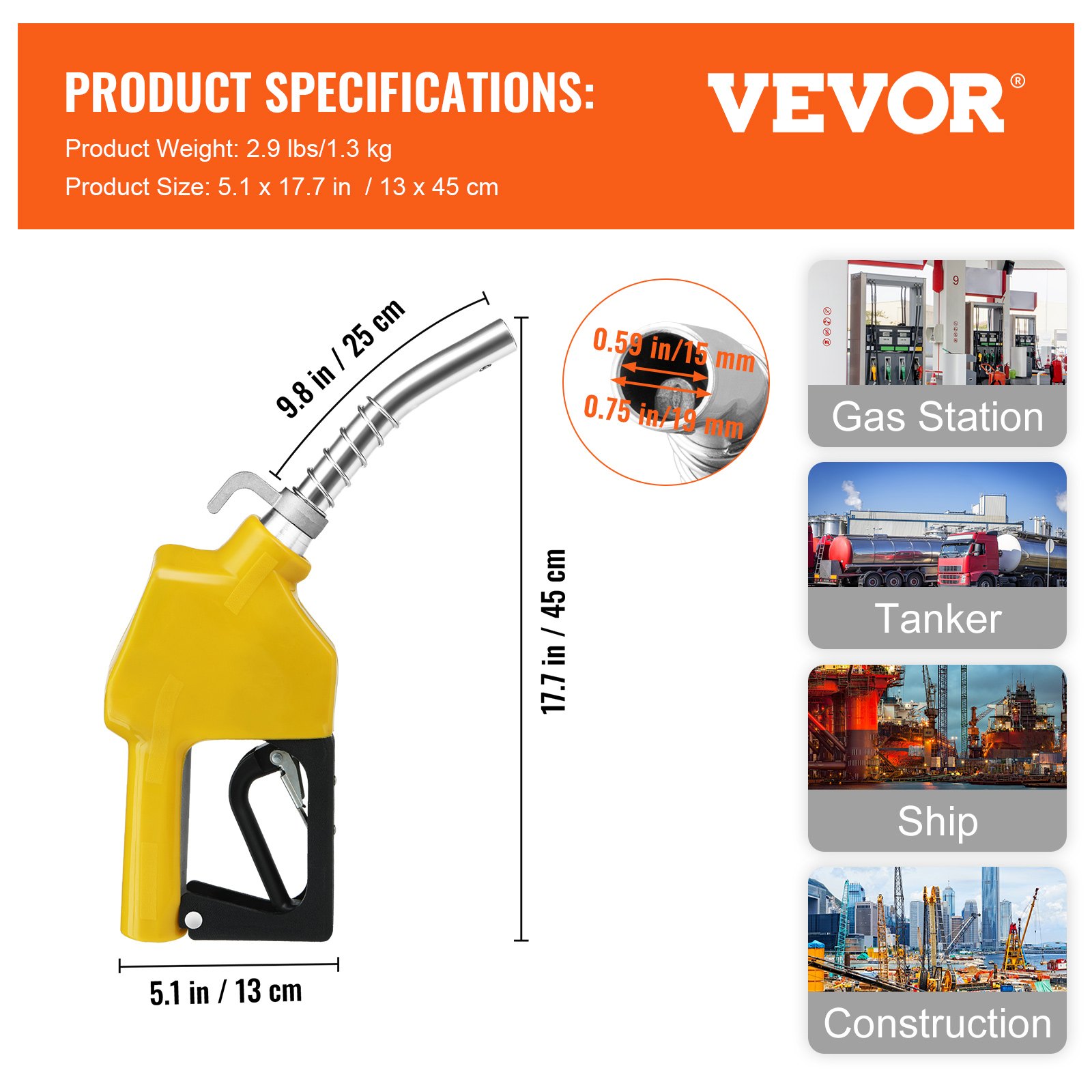 VEVOR Automatic Fuel Nozzle Shut Off Fuel Refilling 3/4" NPT 13/16 ...