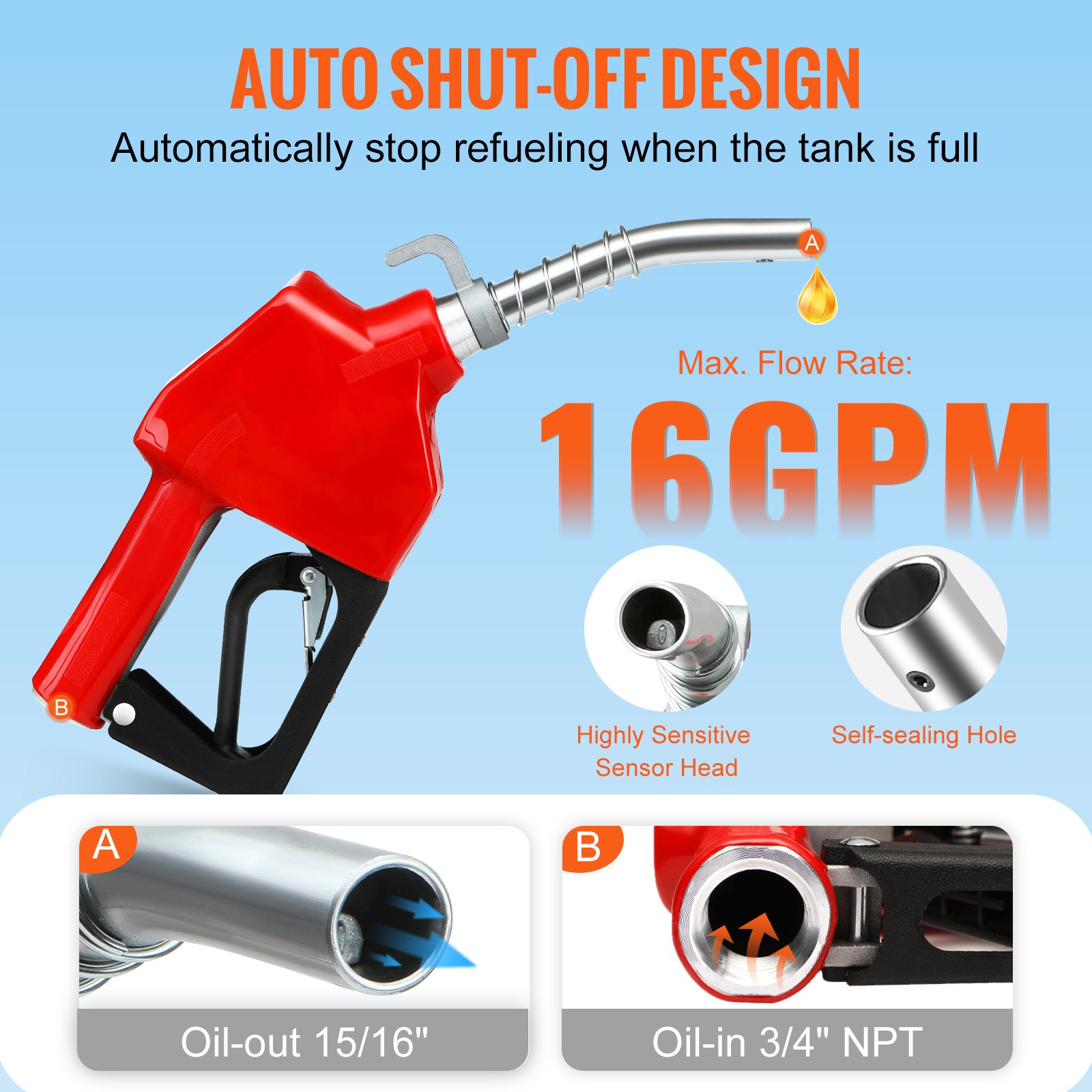 VEVOR Automatic Fuel Nozzle, 3/4" NPT Inlet Thread & 15/16" Spout, 16 ...