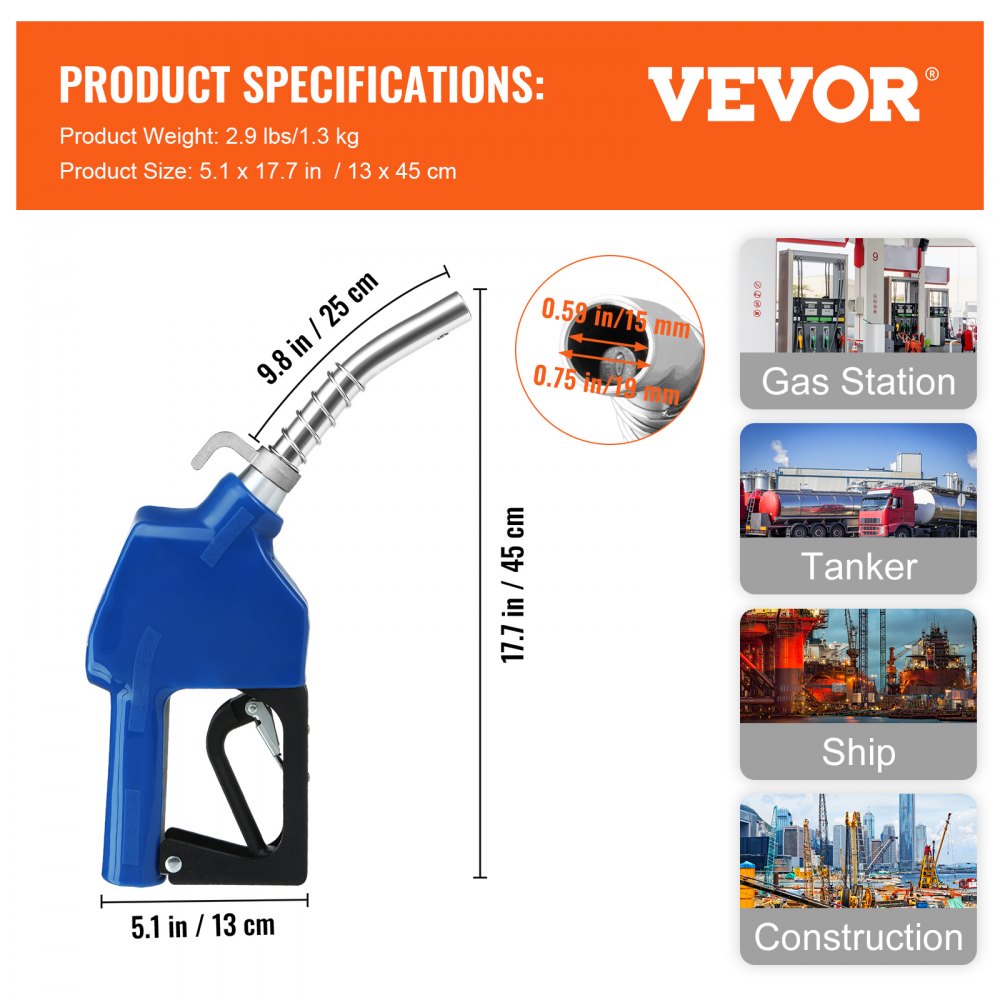 VEVOR Automatic Fuel Nozzle, 3/4" NPT Inlet Thread & 13/16" Spout, 11 ...