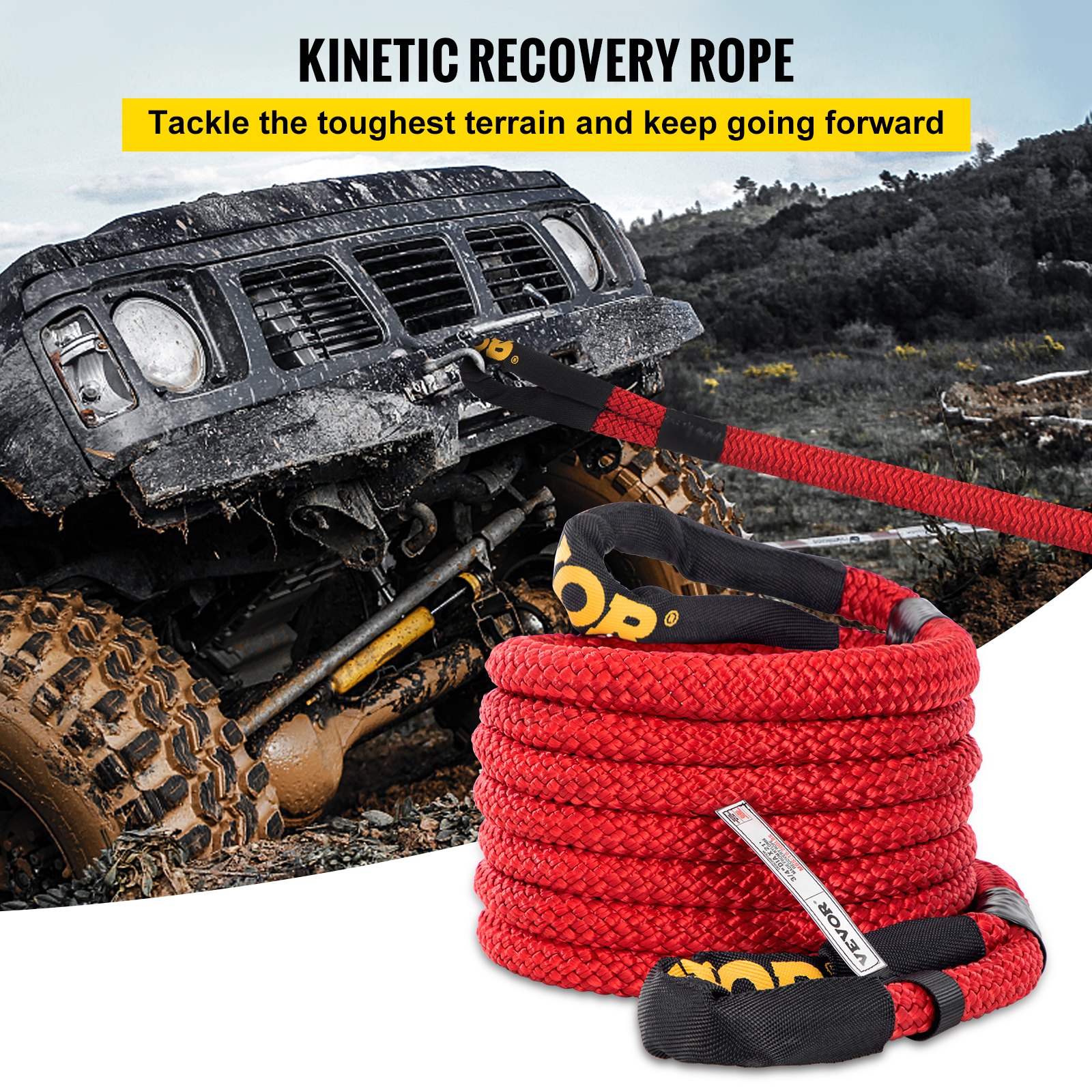 VEVOR 3/4" x 21' Kinetic Recovery Rope, 19,200 lbs, Heavy Duty Nylon ...
