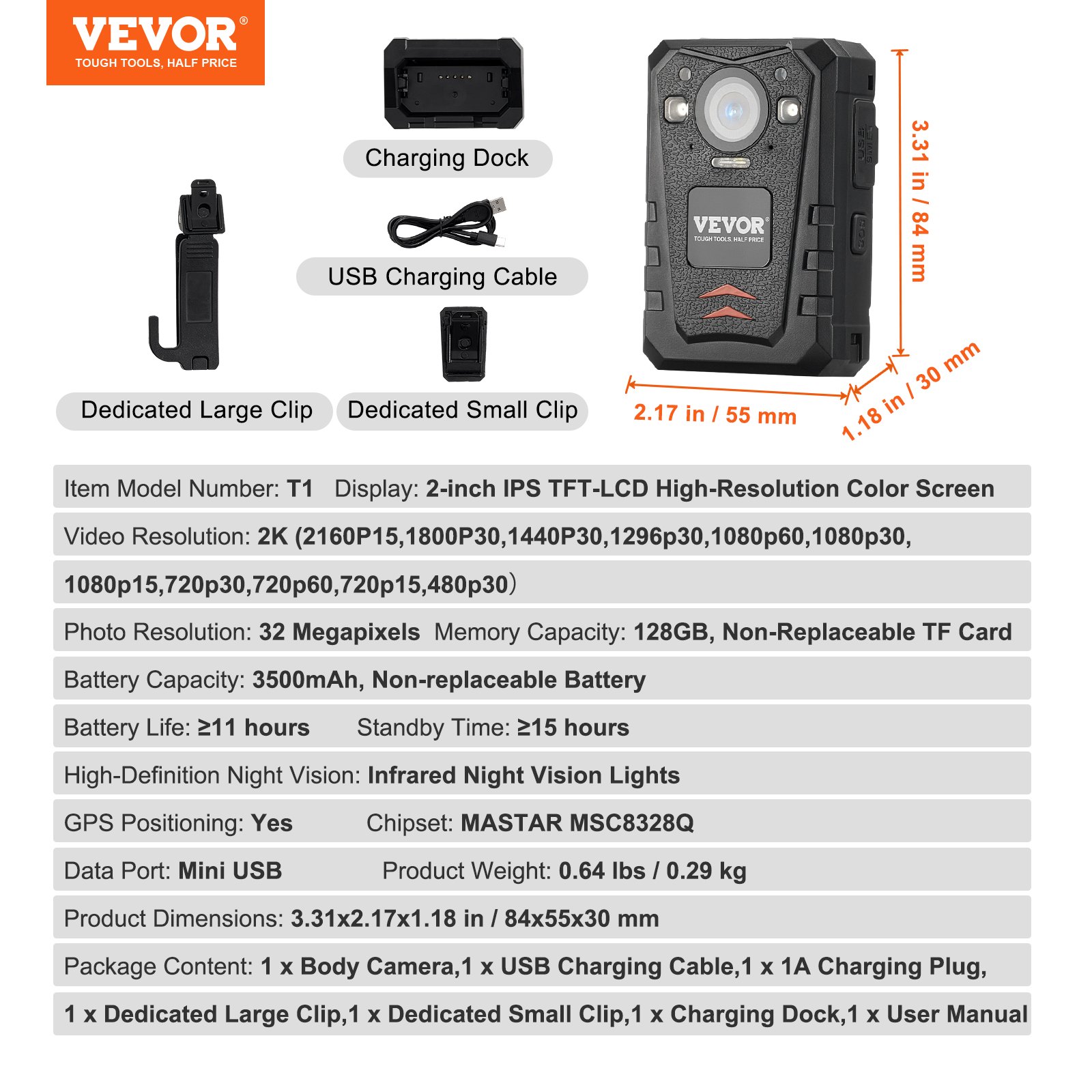VEVOR 1440P HD Police Body Camera, 128GB Body Cam with Audio Video ...
