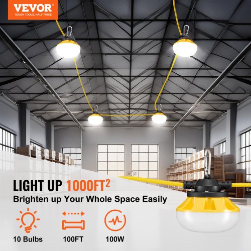 VEVOR 100FT Construction String Lights 100W 10000LM Connectable ...