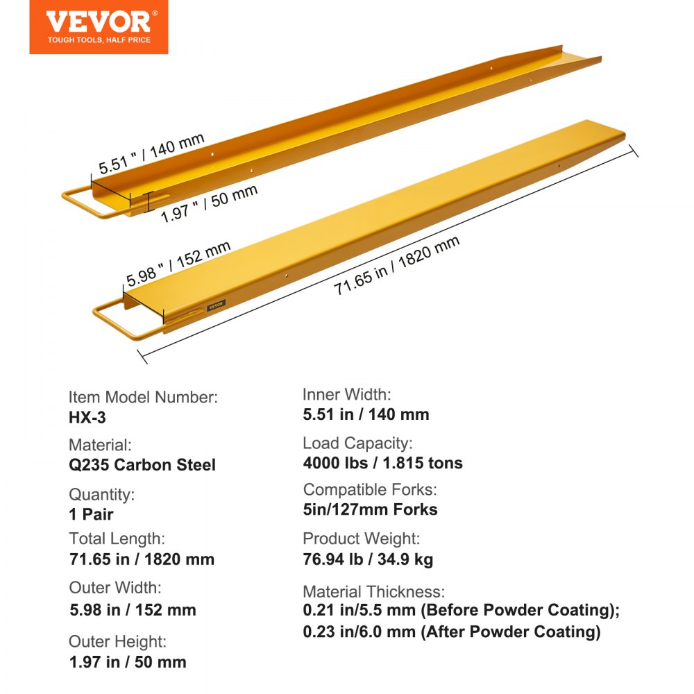 VEVOR Pallet Fork Extensions, 72" Length 5.5" Width, Heavy Duty Carbon ...