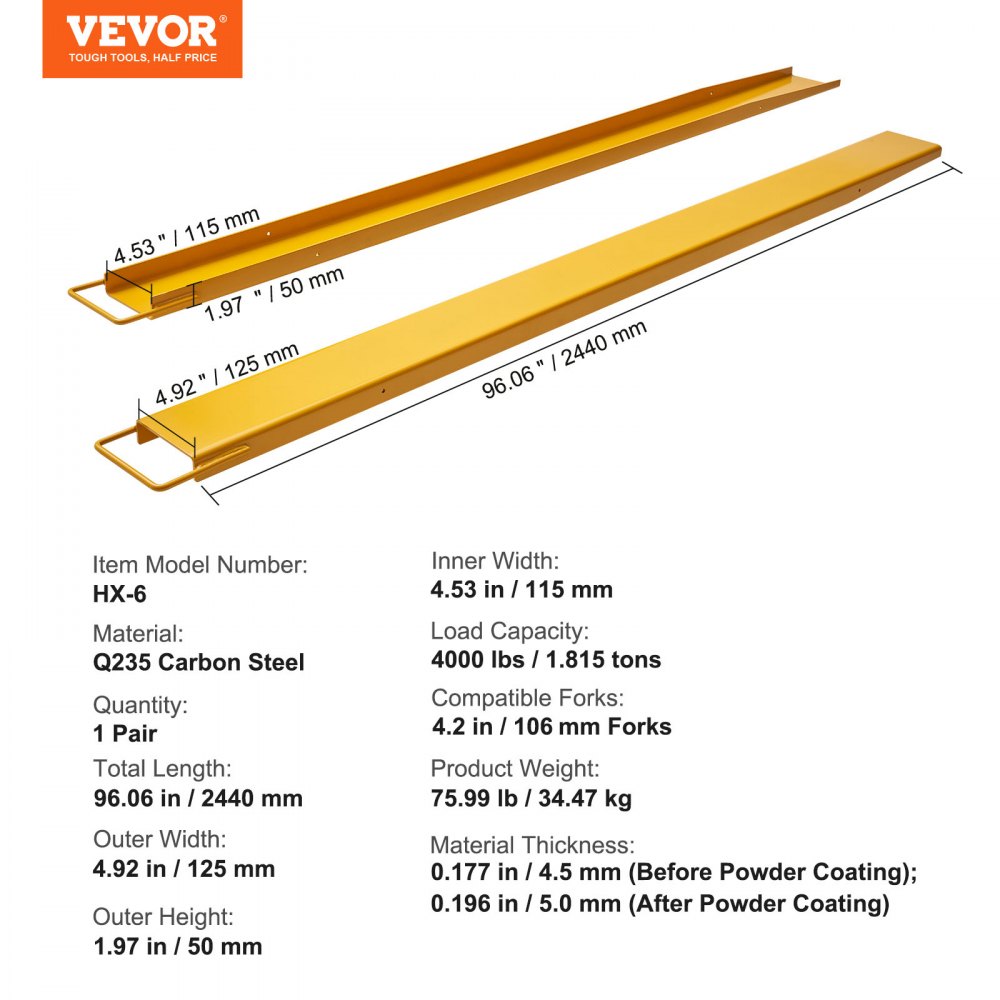 VEVOR Pallet Fork Extensions, 96" Length 4.5" Width, Heavy Duty Carbon ...