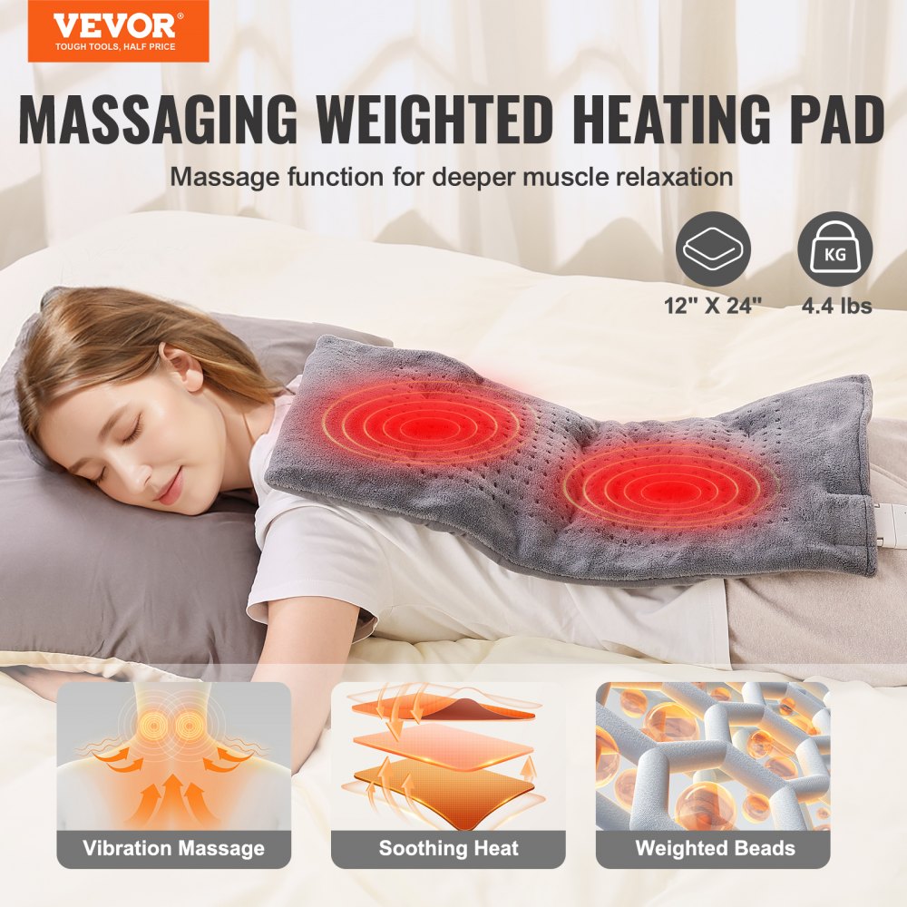 VEVOR Massaging Weighted Heating Pad Heat Vibrations 12 x 24 in 4.4 lbs ...