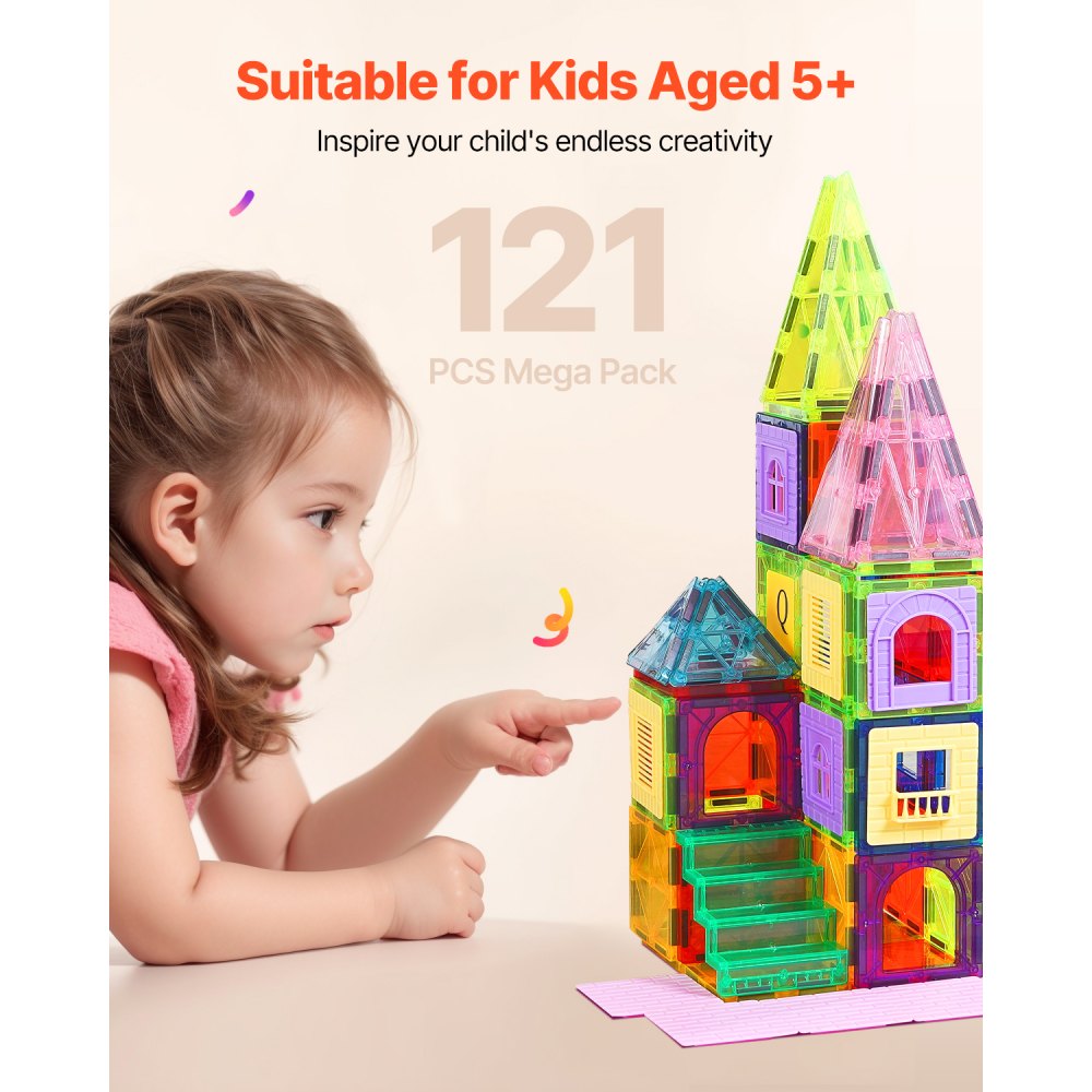 VEVOR Magnetic Tile Building Set - 121 Blocks, 21 Cards