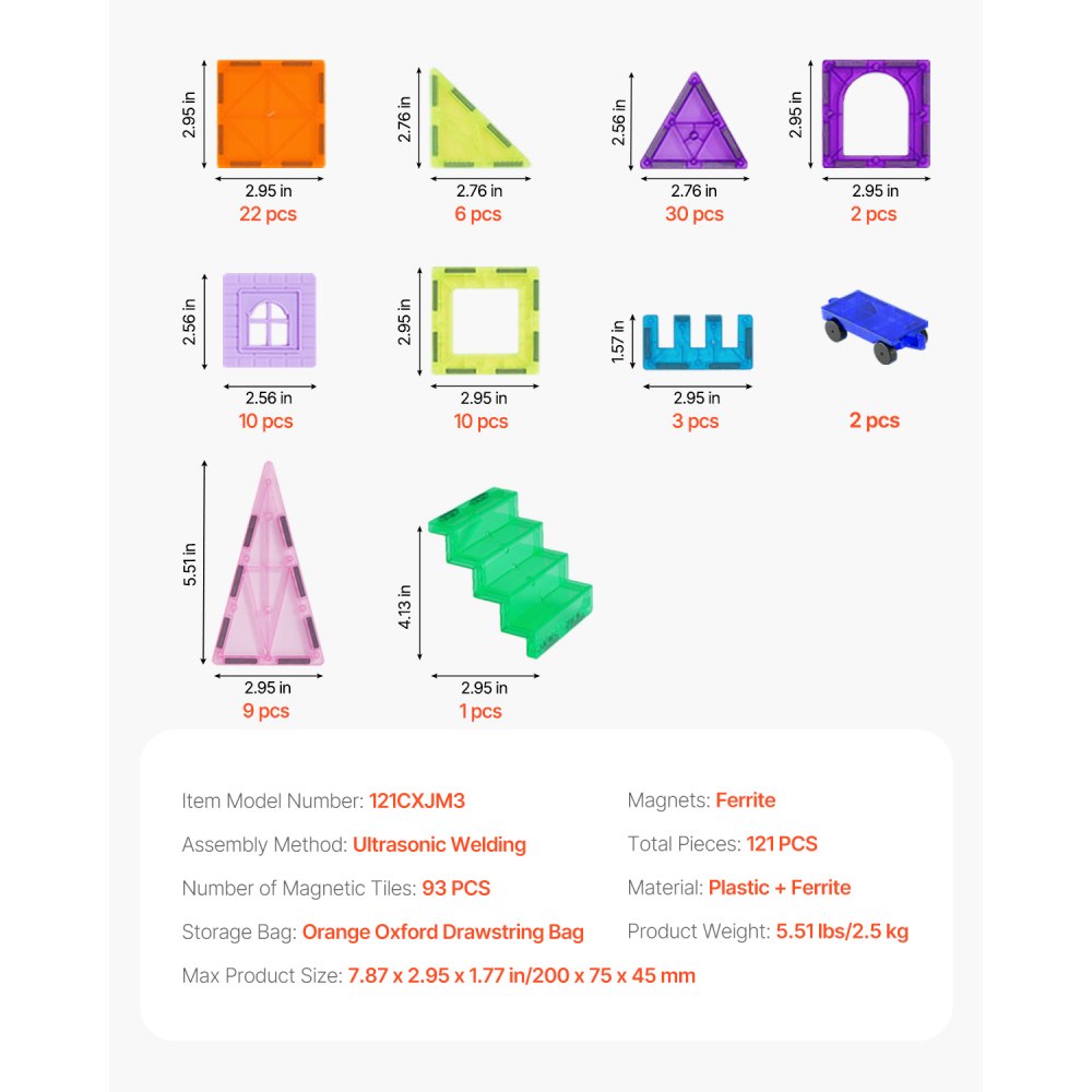 VEVOR Magnetic Tile Building Set - 121 Blocks, 21 Cards