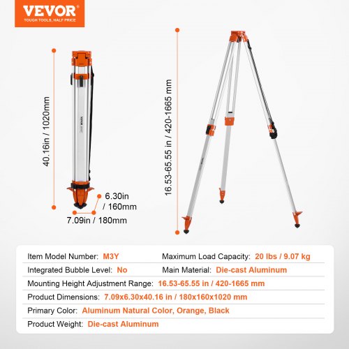 VEVOR Laser Level Tripod Stand 5/8"-11 Thread 16.53-65.55 in Height ...