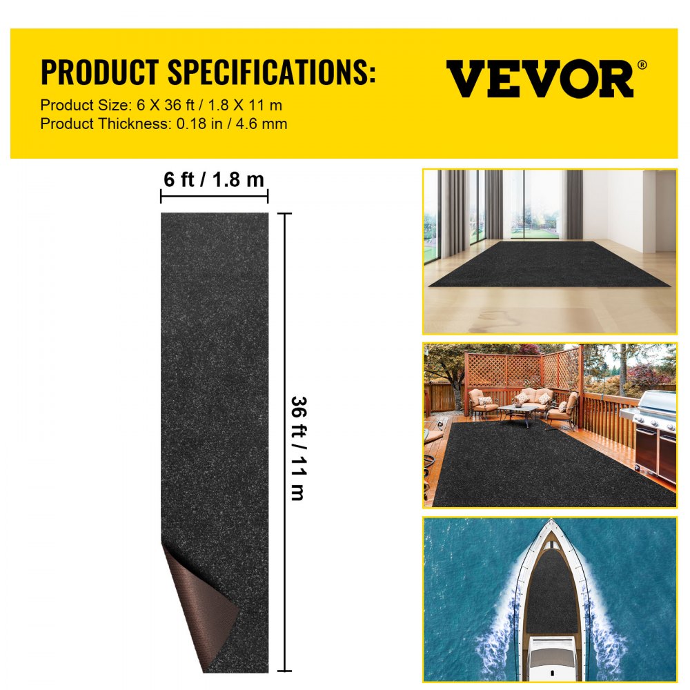VEVOR Marine Carpet, 6 x 36 ft Boat Carpeting, Charcoal Black Marine ...