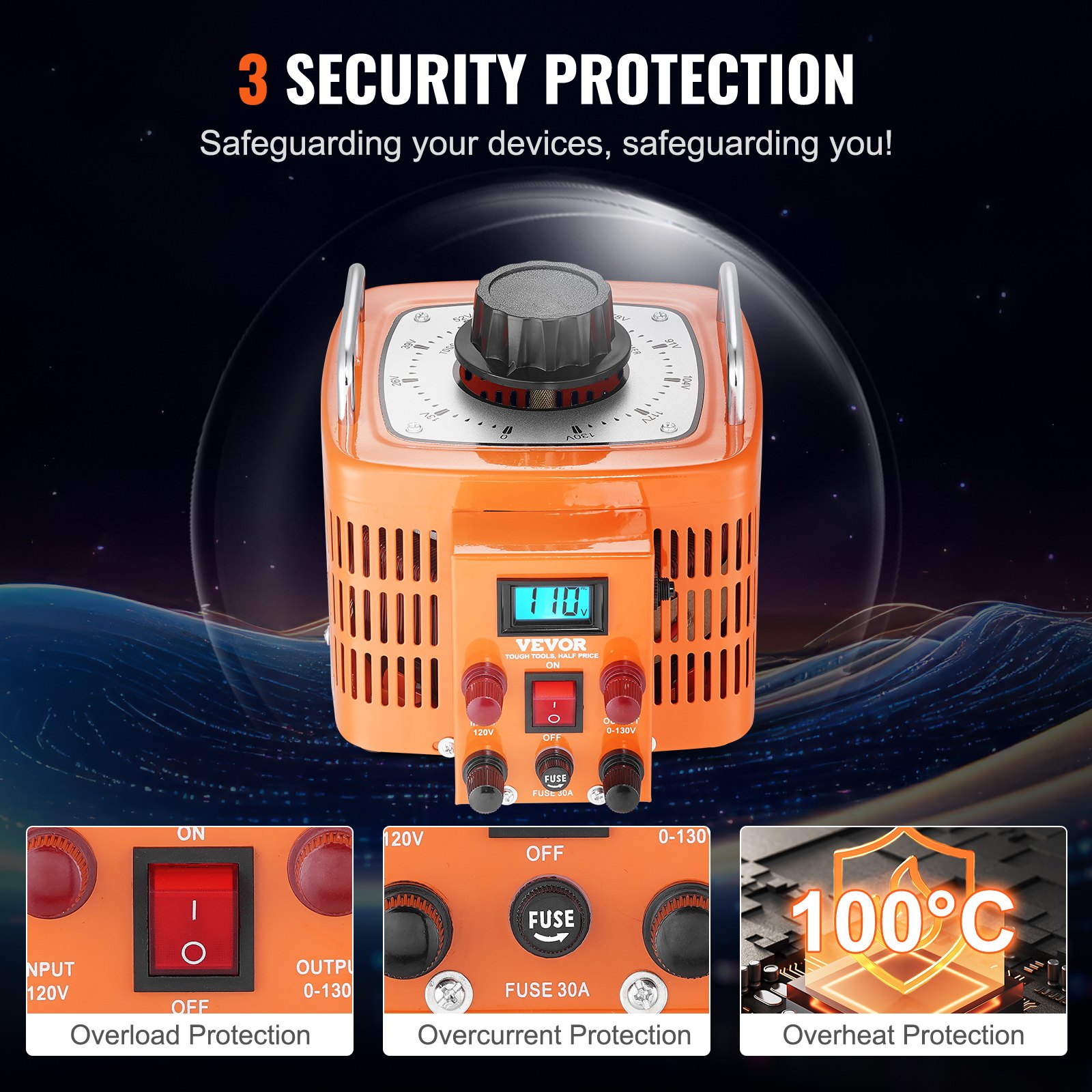 VEVOR 3000VA Auto Variable Voltage Transformer, 23 Amp, 110V Input 0-130V Output AC Voltage ...