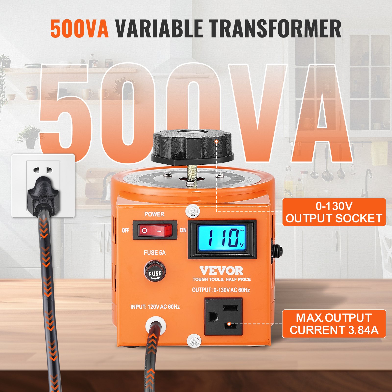 VEVOR 500VA Auto Variable Voltage Transformer, 3.84 Amp, 110V Input 0 ...
