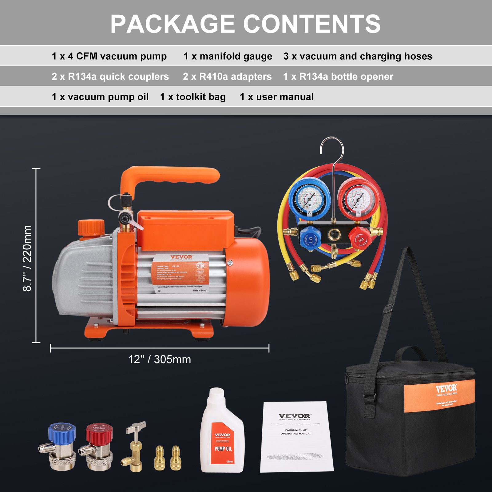 VEVOR VEVOR 1/4 HP 4.5 CFM AC Vacuum Pump and Gauge Set, Single Stage Rotary Vane HVAC Air ...