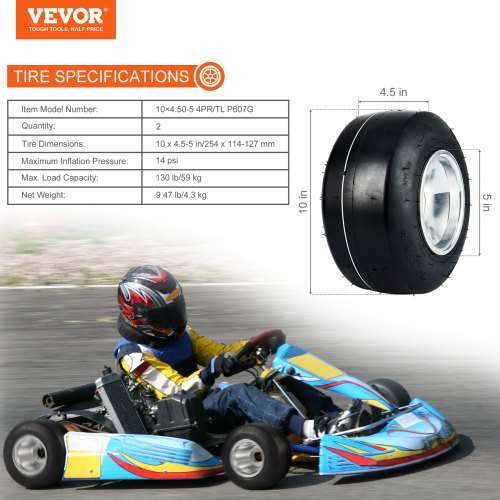 VEVOR Go Kart Tires and Rims, 10x4.5-5" Go Kart Wheels, 2-Pack Front ...