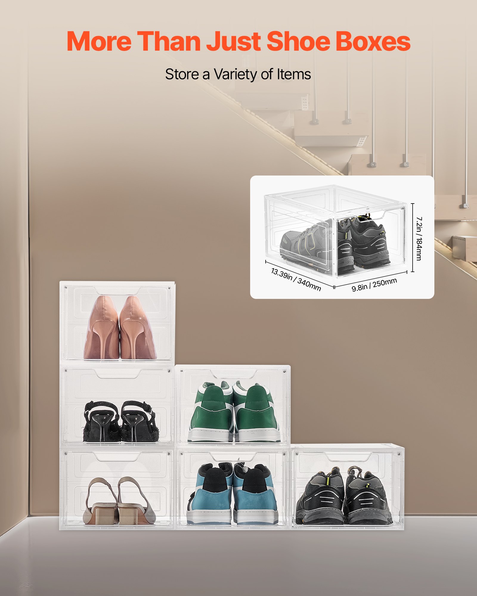 VEVOR Plastic Stackable Shoe Boxes – 6 Pack, Fits US Size 13