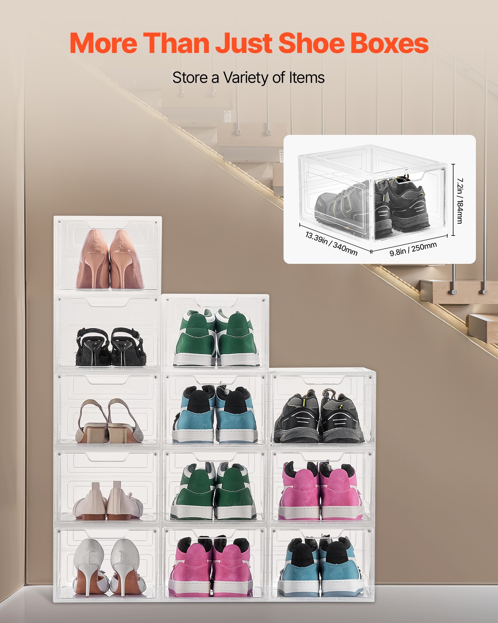 VEVOR Stackable Clear Shoe Boxes – 12-Pack, US Size 13