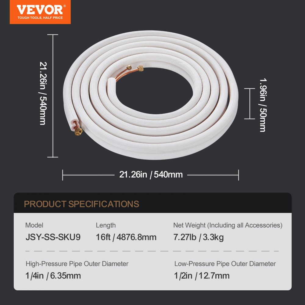 VEVOR 16FT Mini Split Line Set, 1/4" & 1/2" O.D Copper Pipes Tubing and ...