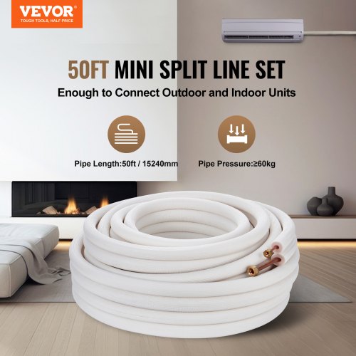 VEVOR 50FT Mini Split Line Set, 1/4" & 3/8" O.D Copper Pipes Tubing and ...
