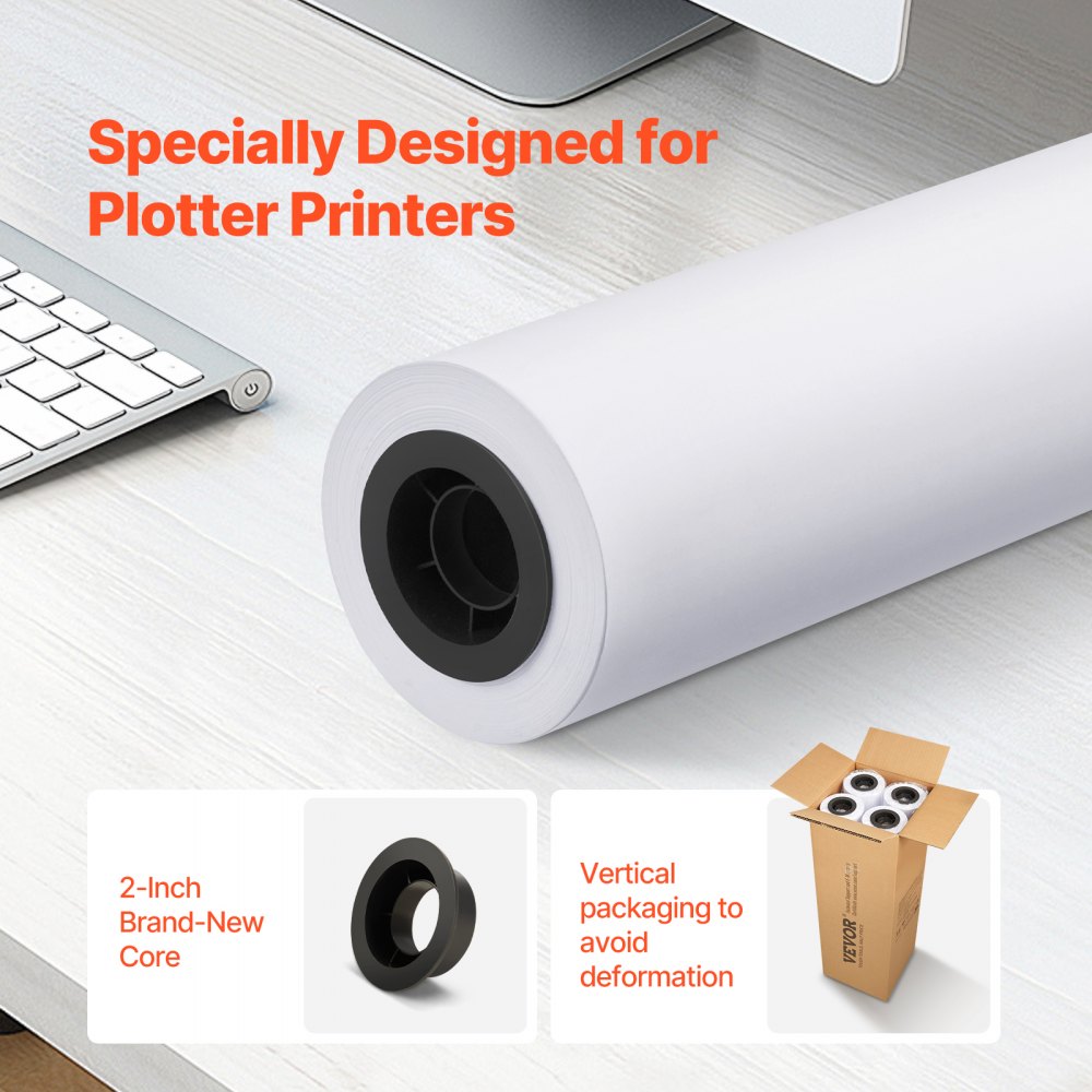 VEVOR Wide Format Paper, 24 in x 150 ft Plotter Paper, 4 Rolls CAD Bond ...