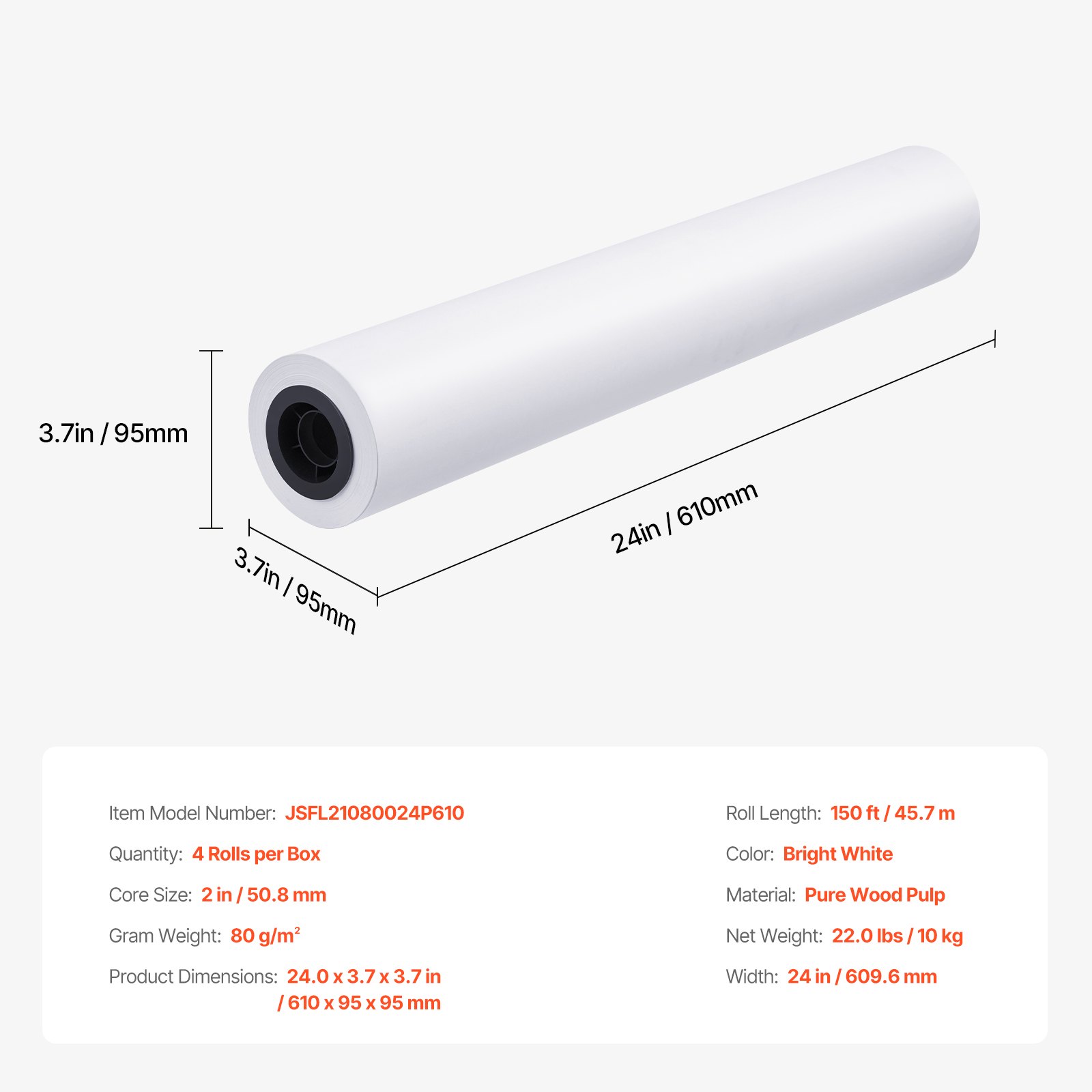 VEVOR 24 Wide Format Paper - 24in x150ft, 100% pulp, 80 g/m²