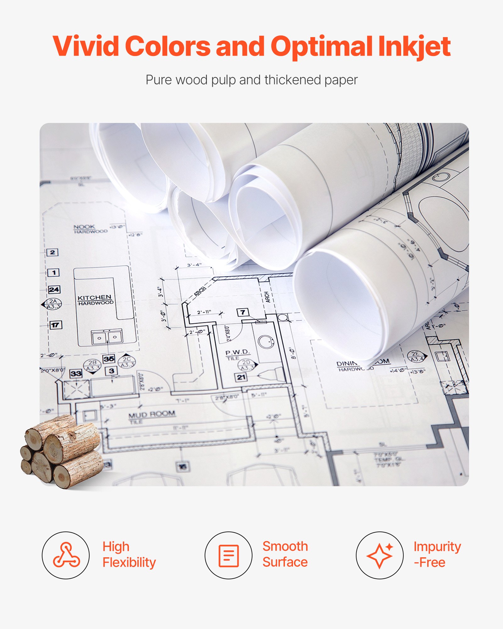 VEVOR Wide Format Paper, 24 in x 150 ft Plotter Roll, 8 Rolls CAD Bond ...