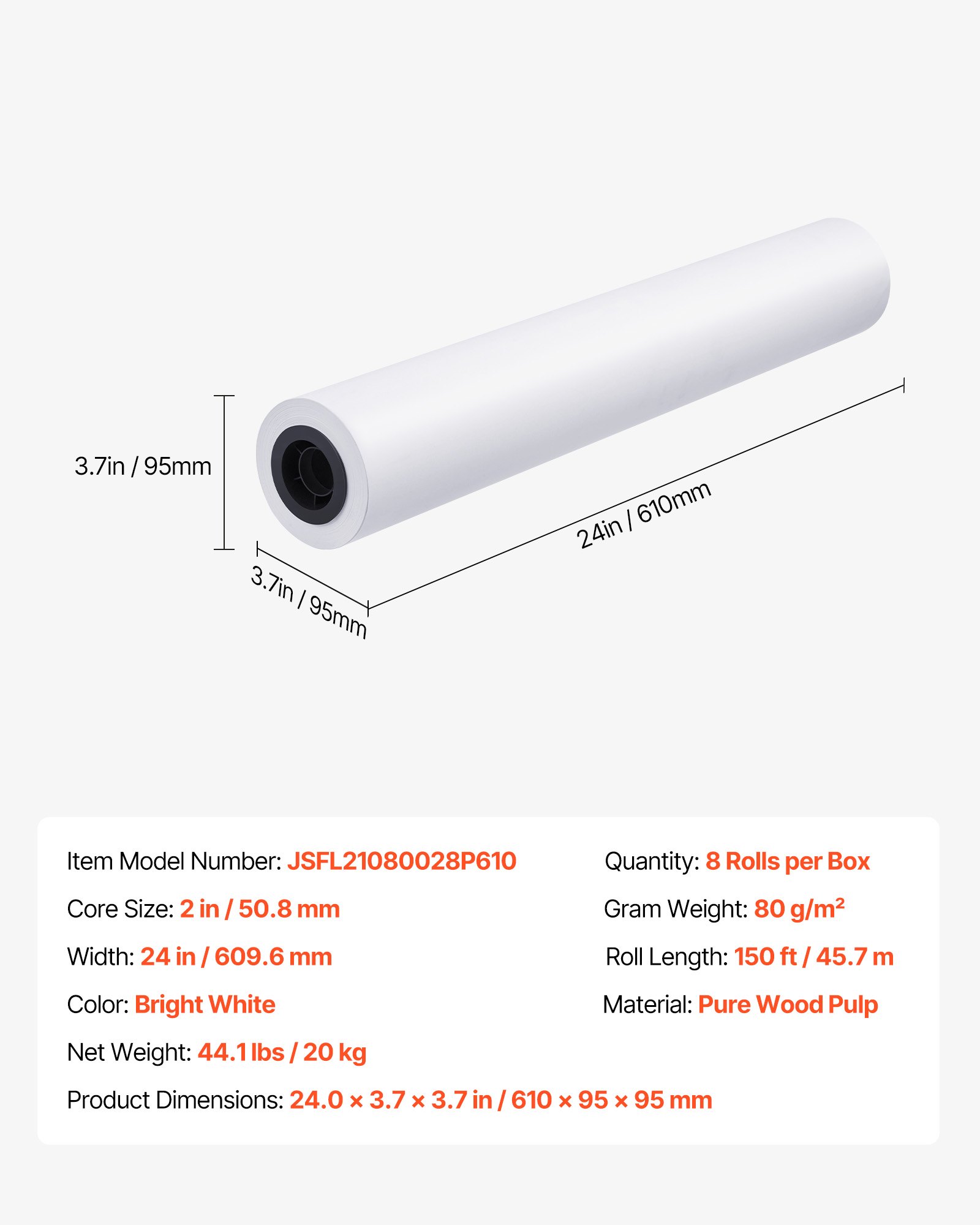 VEVOR Wide Format Paper, 24 in x 150 ft Plotter Roll, 8 Rolls CAD Bond ...