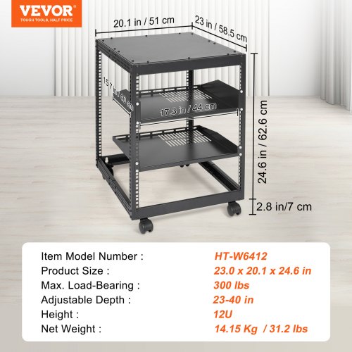 VEVOR 12U Open Frame Server Rack, 15''-40'' Adjustable Depth, Free Standing or Wall Mount ...