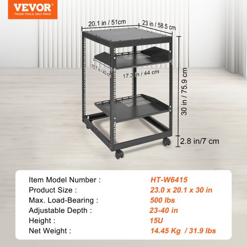 VEVOR 15U Open Frame Server Rack, Adjustable Depth, Free Standing or ...