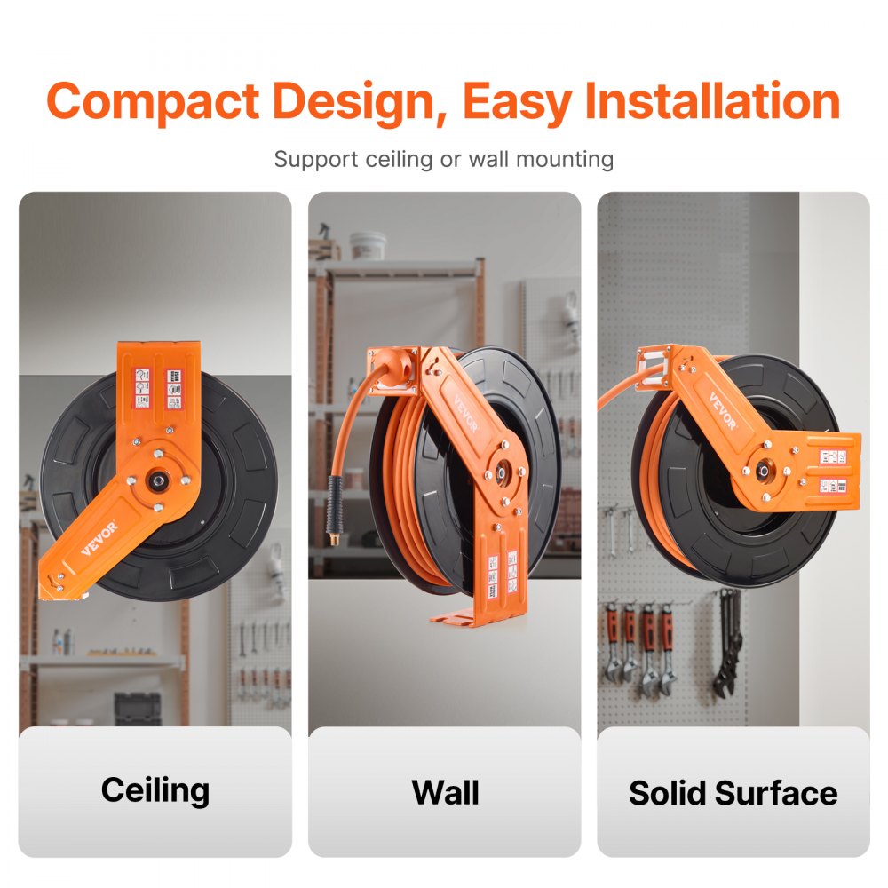 VEVOR Retractable Air Hose Reel 3/8 IN x 100 FT Rubber Air Hose Reel Max 300 PSI | VEVOR US