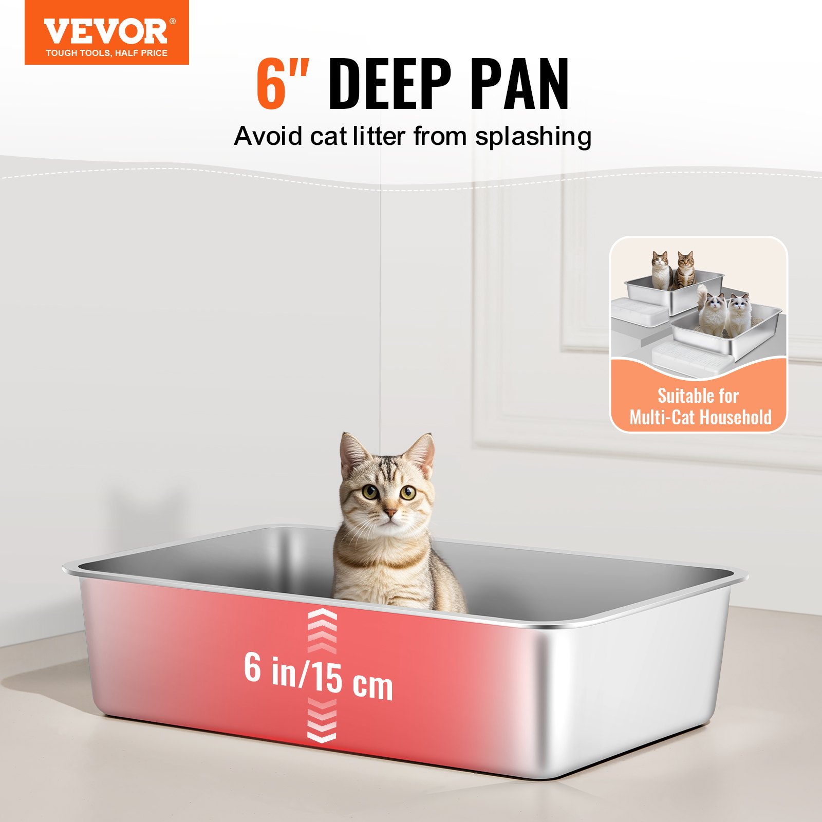 VEVOR Cat Litter Box Deep – 6" Depth with 2 Pans & Footboard