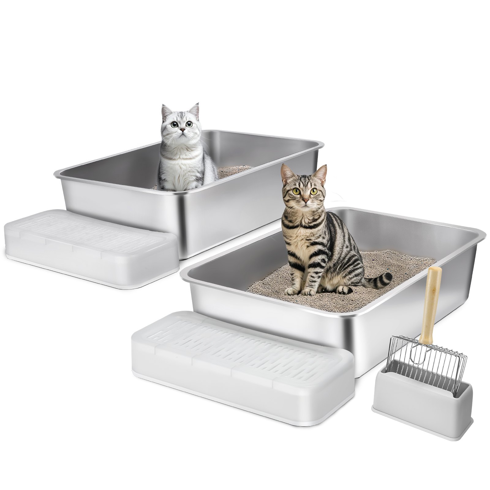 VEVOR Cat Litter Box Deep – 6" Depth with 2 Pans & Footboard
