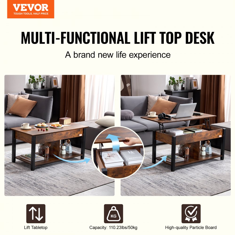 VEVOR Lift Up Coffee Table, 41.7 in Rectangle Coffee Table with Storage ...