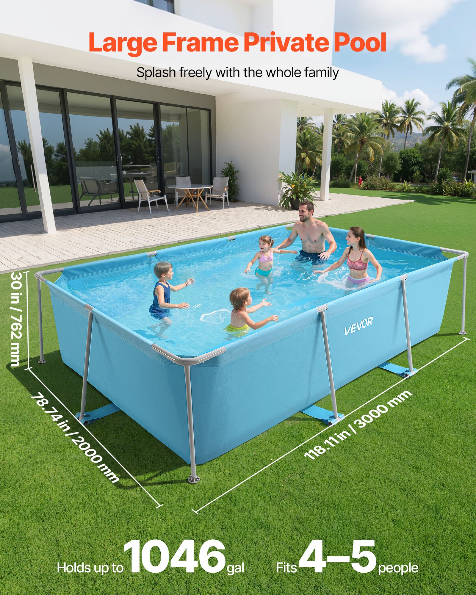 VEVOR Frame Above Ground Swimming Pool, 118 x 78 x 30 in Rectangular ...