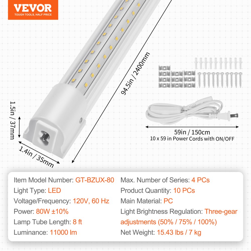 VEVOR 10 Pack LED Shop Light, 8 FT, 80W Linkable Shop Light Fixture ...